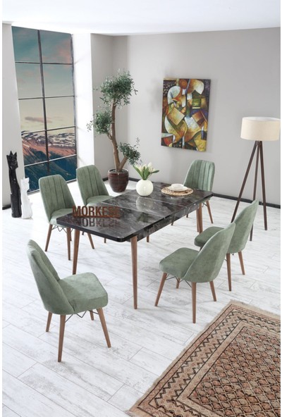 Morkese Mad Serisi Siyah Mermer 6 Sandelyeli Açılabilir Yemek ve Mutfak Masa Takımı - Haki Yeşili Morkese Mad Serisi Siyah Mermer 6 Sandelyeli Açılabilir Yemek ve Mutfak Masa Takımı - Haki Yeşili