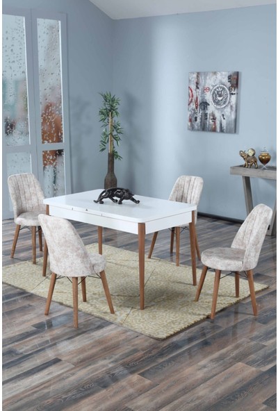 Morkese Snow Serisi Beyaz Açılır Yemek ve Mutfak Masa Takımı 4 Sandalyeli Krem