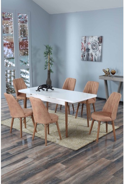 Morkese Snow Serisi Beyaz Açılır Yemek ve Mutfak Masa Takımı 6 Sandalyeli - Hardal