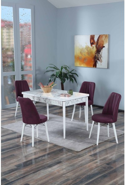 Morkese Sua Serisi Beyaz Mermer 4 Sandelyeli Açılabilir Yemek ve Mutfak Masa Takımı - Mürdüm