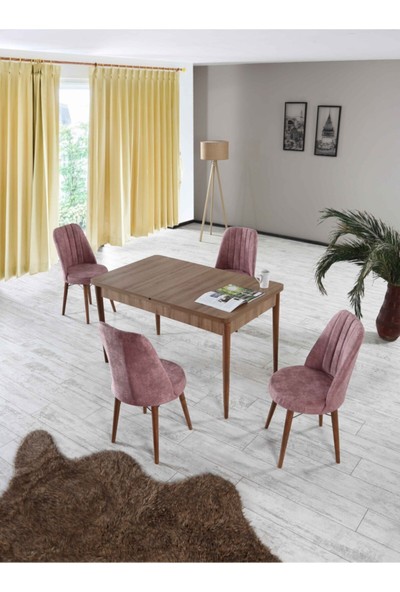 Morkese Sunlike Serisi Sümela Gold 4 Sandelyeli Açılabilir Yemek ve Mutfak Masa Takımı - Pembe
