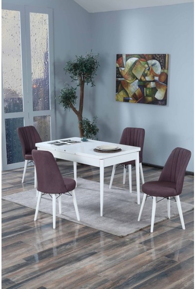 Morkese White Serisi Beyaz Açılır Yemek ve Mutfak Masa Takımı 4 Sandalyeli - Acı Kahve