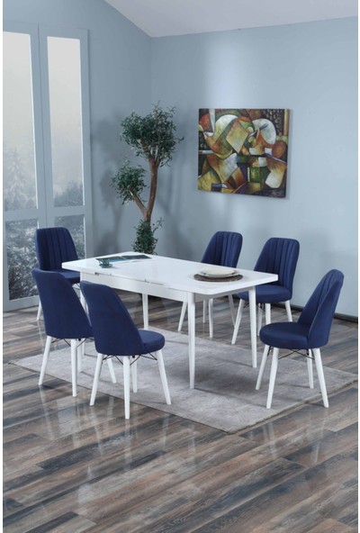 Morkese White Serisi Beyaz Açılır Yemek ve Mutfak Masa Takımı 6 Sandalyeli - Lacivert Morkese White Serisi Beyaz Açılır Yemek ve Mutfak Masa Takımı 6 Sandalyeli - Lacivert