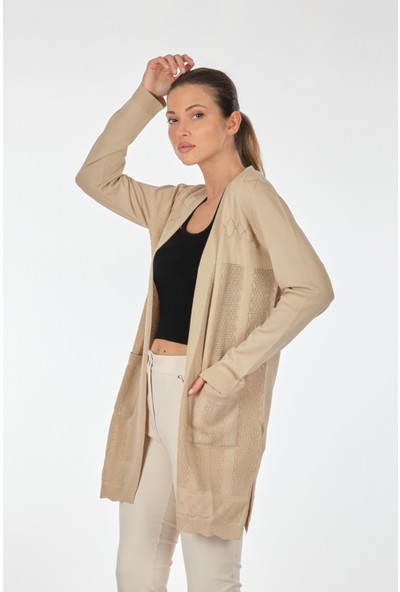 Desen Örme Uzun Kollu Bej Kadın Ceket 22122350