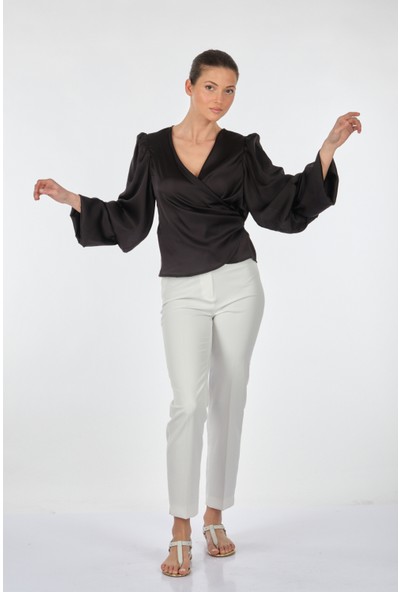 Garni Uzun Kollu Siyah Kadın Bluz 22YBLZ01127