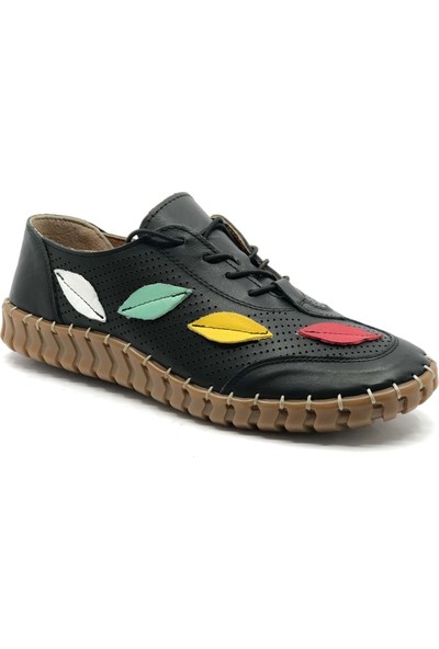 Kocamanlar El Işçiliği Deri Yaprak Detaylı Kadın Günlük Ayakkabı