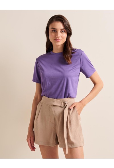Kadın Mor Bisiklet Yaka Basic Modal T-Shirt