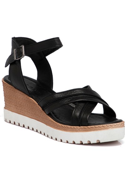 Tergan Siyah Deri Kadın Sandalet 65503A23