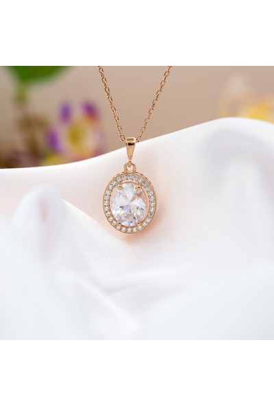 Beyaz Zirkon Taşlı Oval Gümüş Kolye