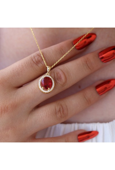 Takı Boom Kırmızı Beyaz Zirkon Taşlı Oval Gümüş Kolye