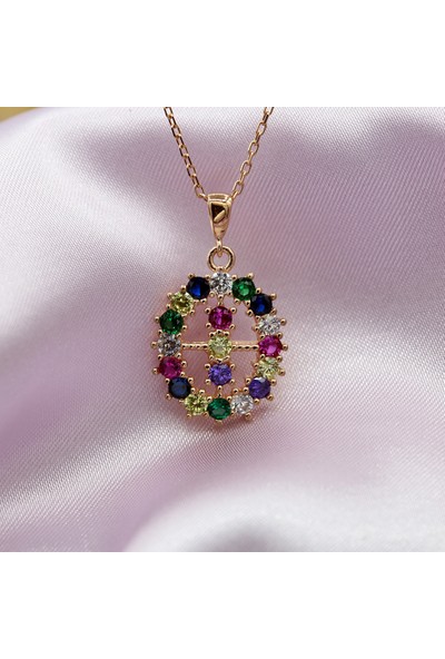 Takı Boom Renkli Zirkon Taşlı Oval Gümüş Kolye