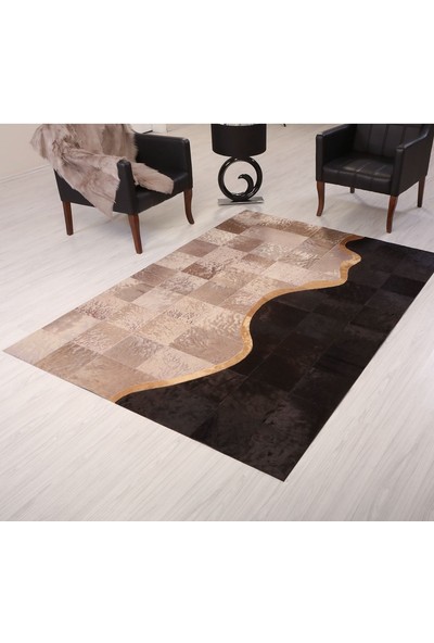Altın Varaklı Bej Kahve Deri Halı