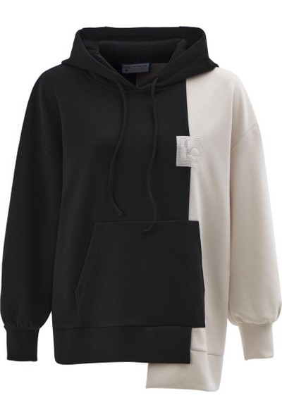 Perspective Jayne Rahat Kalıp Kapüşonlu Siyah Bej Sweatshirt