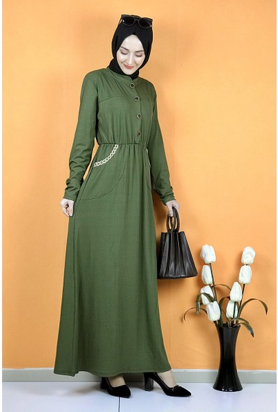 Moda Twins Hasır Cep Detaylı Tesettür Elbise Haki Moda Twins Hasır Cep Detaylı Tesettür Elbise Haki