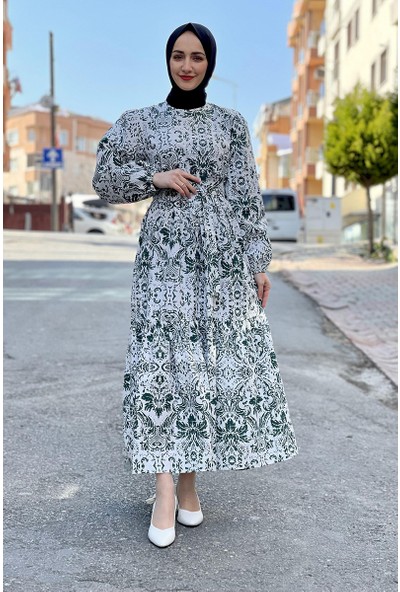 Moda Twins Desenli Teri Koton Elbise Yeşil