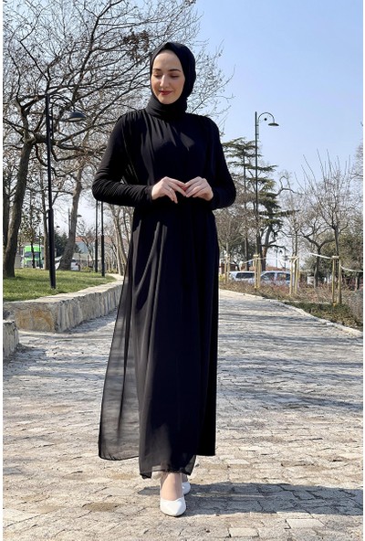 Moda Twins Kuşaklı Şifon Tulum Siyah