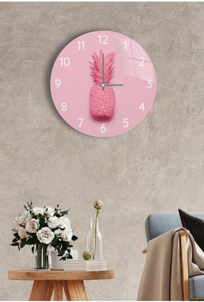 Saban Çap 27 cm Pembe Ananas Dekoratif Cam Saat Saban Çap 27 cm Pembe Ananas Dekoratif Cam Saat