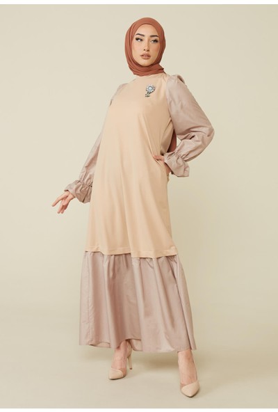 SETRMS Bej Çiçek Broş Detaylı Balon Kol Elbise 2225000