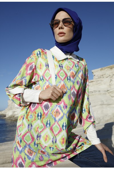 SETRMS Yeşil Ikat Desenli Gömlek Yaka Tunik 2224175