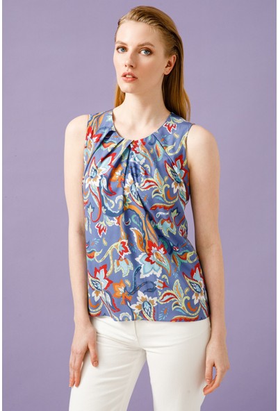 Ekol Kadın Desenli Kolsuz Bluz 6053010 Mor