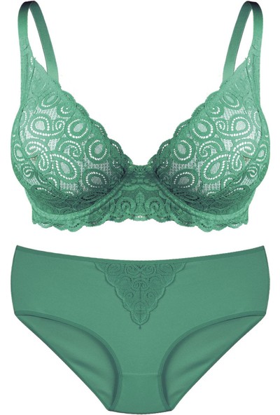 Dominant Kadın Çağla Yeşili Dantelli Büyük Beden Dolgusuz Sütyen + Külot Takımı 5750-4-4