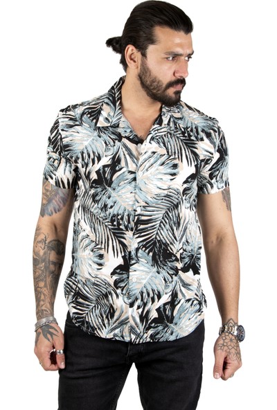 Deepsea Slim Fit Likralı Yaprak Desenli Kısa Kollu Erkek Gömlek 2201897 Deepsea Slim Fit Likralı Yaprak Desenli Kısa Kollu Erkek Gömlek 2201897