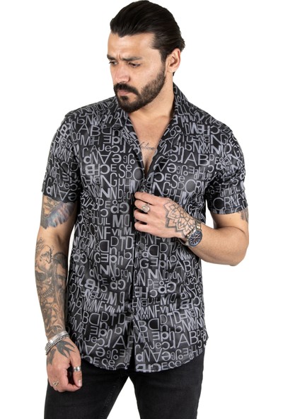 Deepsea Dijital Harf Baskılı Likralı Kısa Kollu Erkek Gömlek 2201908 Deepsea Dijital Harf Baskılı Likralı Kısa Kollu Erkek Gömlek 2201908