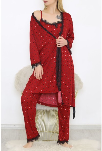 Aygi Ip Askılı Sabahlık 3'lü Takım Bordodesenli