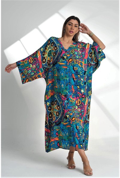 Keyifli Moda Kadın Mavi V Yaka Desenli Cepli Oversize Uzun Elbise Keyifli Moda Kadın Mavi V Yaka Desenli Cepli Oversize Uzun Elbise