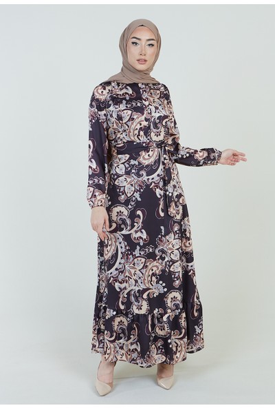 SETRMS Siyah Şal Desenli Kemerli Elbise 2225062