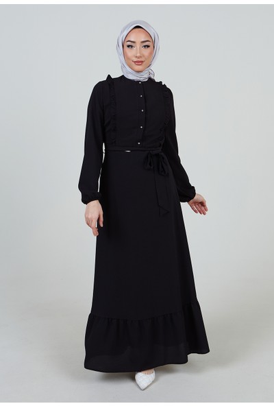 SETRMS Siyah Kemer Detaylı Dökümlü Elbise 2225062