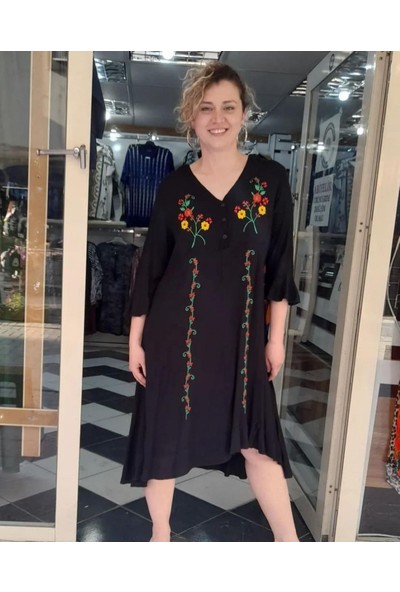 Siyah Truvakar Kol V Yaka Çiçek Nakışlı Asimetrik Cotton Elbise