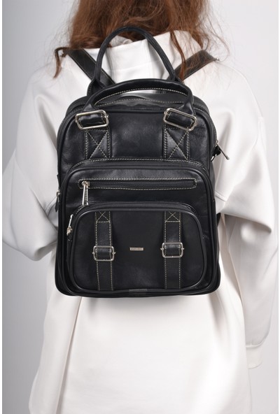 Vintage Lüks Hakiki Deri Siyah Sırt Çantası