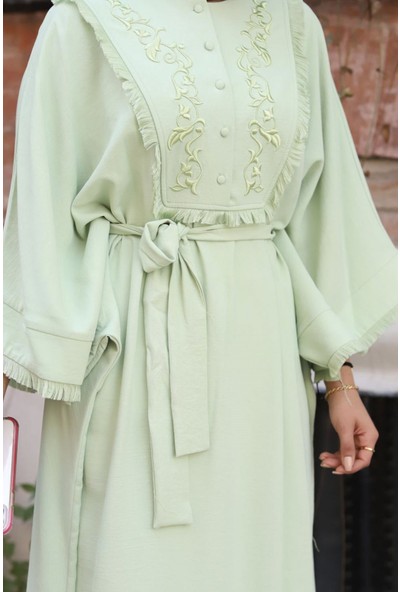 Nakışlı Saçaklı Panço-Su Yeşili