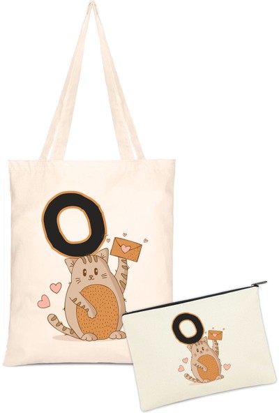 Kedili O Harfi Baskılı Ham Bez Çanta 35X40CM + Clutch Makyaj Çantası