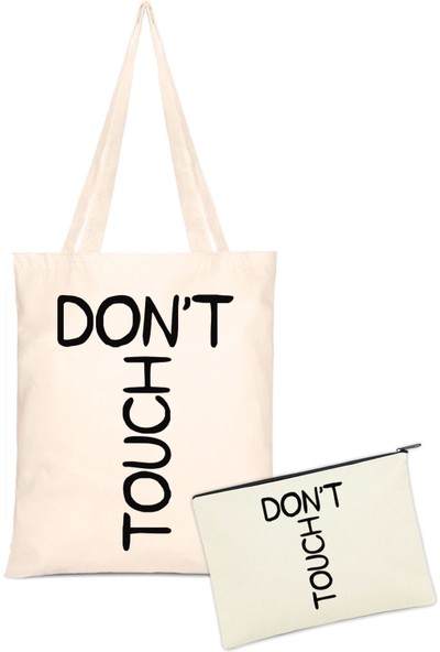 Dont Touch Baskılı Ham Bez Çanta 35X40CM + Clutch Makyaj Çantası Dont Touch Baskılı Ham Bez Çanta 35X40CM + Clutch Makyaj Çantası