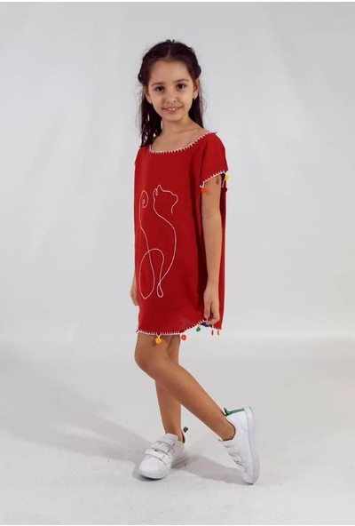 Zeze Tomurcuk Pareo Elbise (Kırmızı Beyaz Nakış Kedi)
