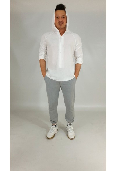 Düğmeli Kapşonlu Beyaz Gömlek