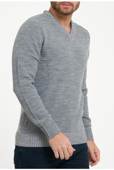 Trist Star Gri Erkek V Yaka Yün Kazak