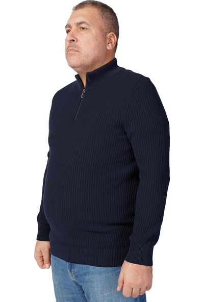 Trist Star Büyük Beden LACİVERT Dik Yaka Fermuarlı Pamuklu Erkek Hırka