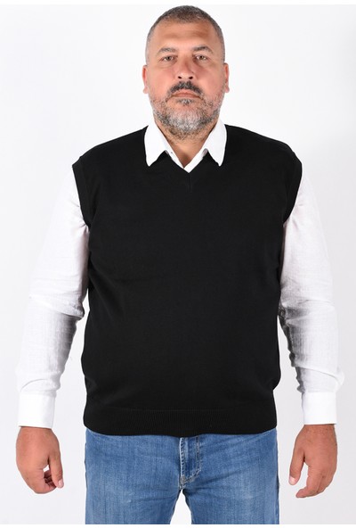 Trist Star Büyük Beden Lacivert V Yaka Pamuklu Erkek Süveter