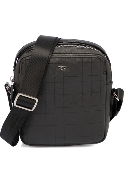 Siyah Deri Erkek Ekose Askılı Çanta S22344R0P