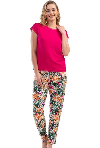 Kadın Lycralı Worteks Yarasa Kol Normal Beden Fuşya Pijama