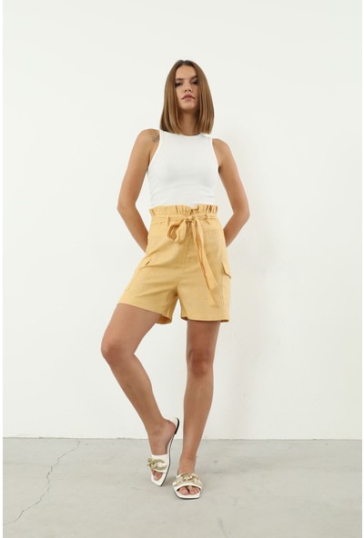 BY H Kuşaklı Keten Şort-Sarı