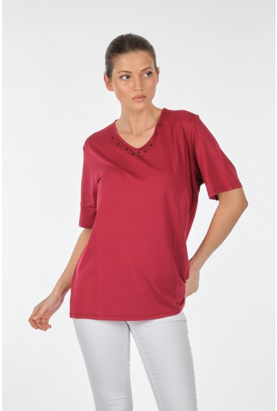 Desen Bisiklet Yaka Çiçekli Kısa Kollu Kırmızı Kadın Bluz 22121816