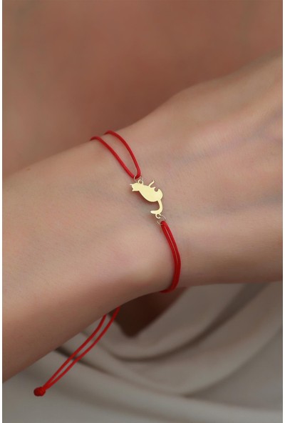 14 Ayar Altın Kedili Kırmızı Ipli Bileklik