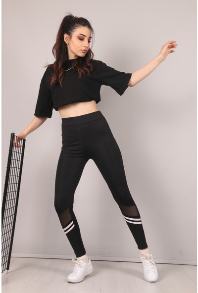 Modawoo Yüksel Bel Toparlıyıcı Önden Şeritli Siyah Tayt
