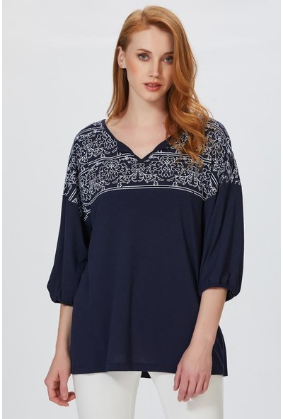 Yakası Baskılı Kolu Lastikli Bluz 022-1002