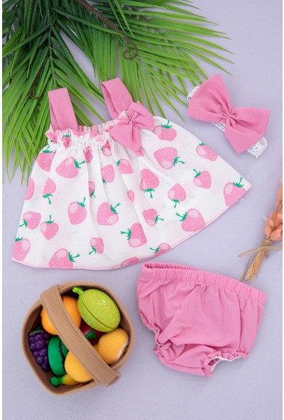Rapapa Murat Baby Kız Bebek Çilek Baskılı Askılı Takım Dar Kalıp Pembe 6604-