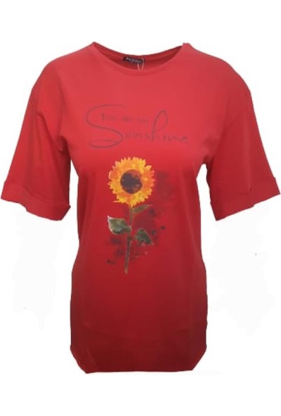 Kuzey Kadın Baskılı Yırtmaçlı Oversize Kadın T-Shirt 301 - Kırmızı - L Kuzey Kadın Baskılı Yırtmaçlı Oversize Kadın T-Shirt 301 - Kırmızı - L